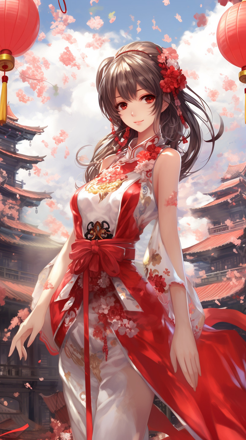 一名动漫少女，动漫风，红色的双马尾萝莉，穿着旗袍，全身照，白色的世界，-豆友ofGE的文本出图-Midjourney模型作品