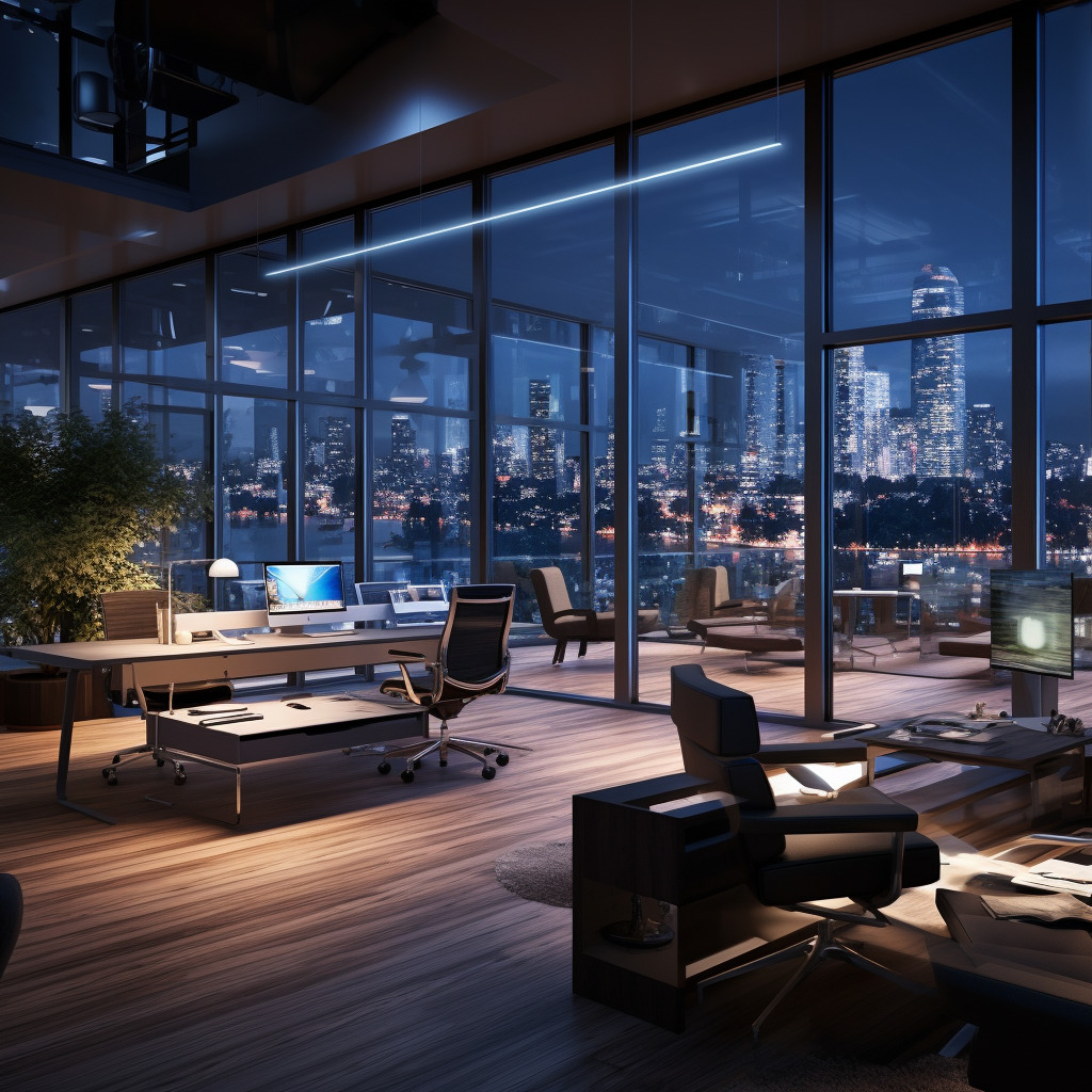 大落地窗，现代办公室，夜景-豆友d-24的文本出图-Midjourney模型作品
