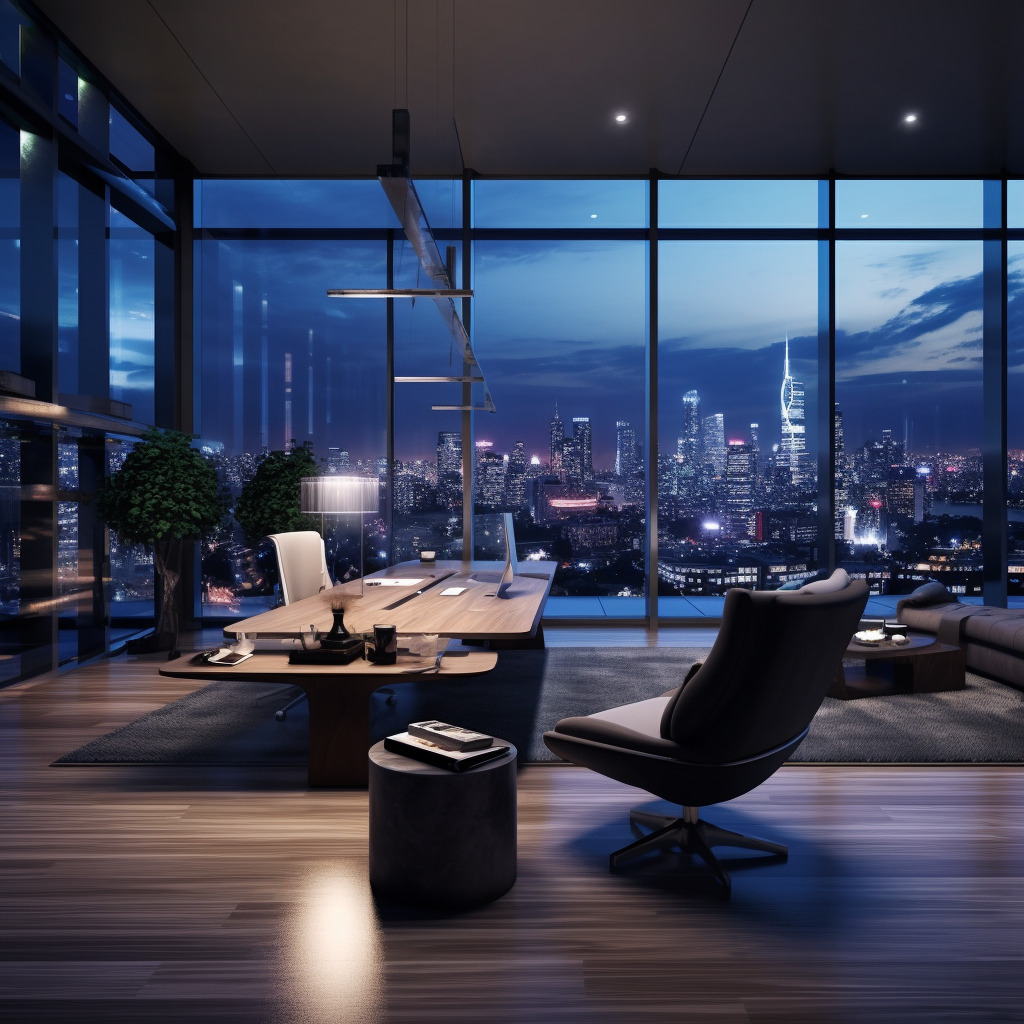 大落地窗，现代办公室，夜景-豆友d-24的文本出图-Midjourney模型作品