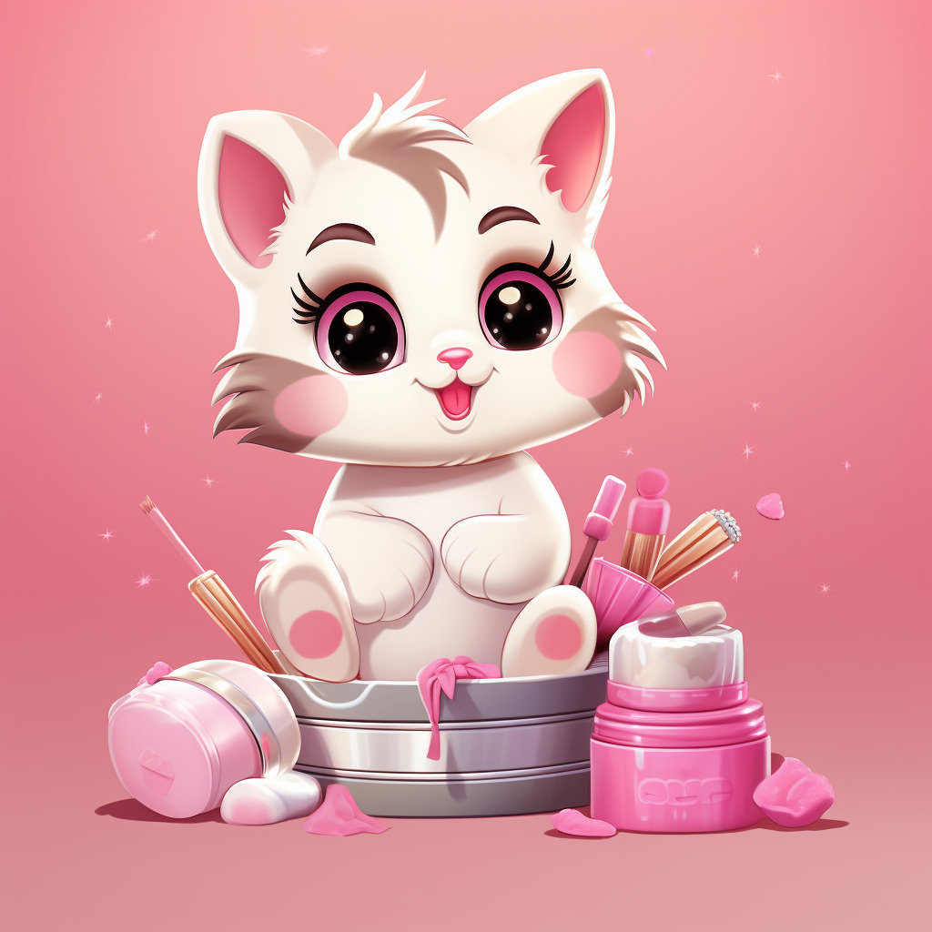 化妆品，磨砂，粉色，可爱，古典，纯色背景放在桌上，卡通猫咪图案的包装设计-豆友dhDo的文本出图-Midjourney模型作品