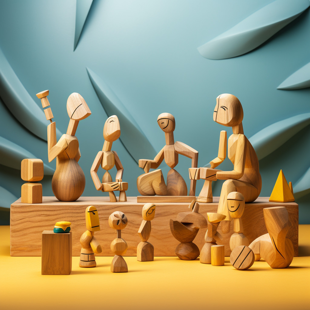 潮玩手办，木质雕刻，科技感，纯色背景，在桌子上，艺术创意，简约， 3d 渲染， 毕加索， 全身像， -豆友lMAw的文本出图-自由创作作品