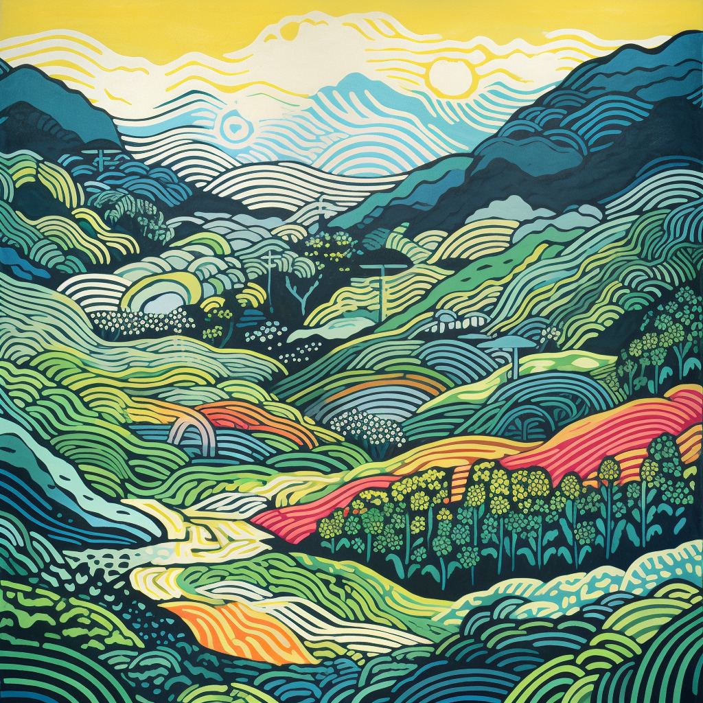 lino cut of rice terraces in vietnam on a postcard-豆友7775的文本出图-自由创作作品