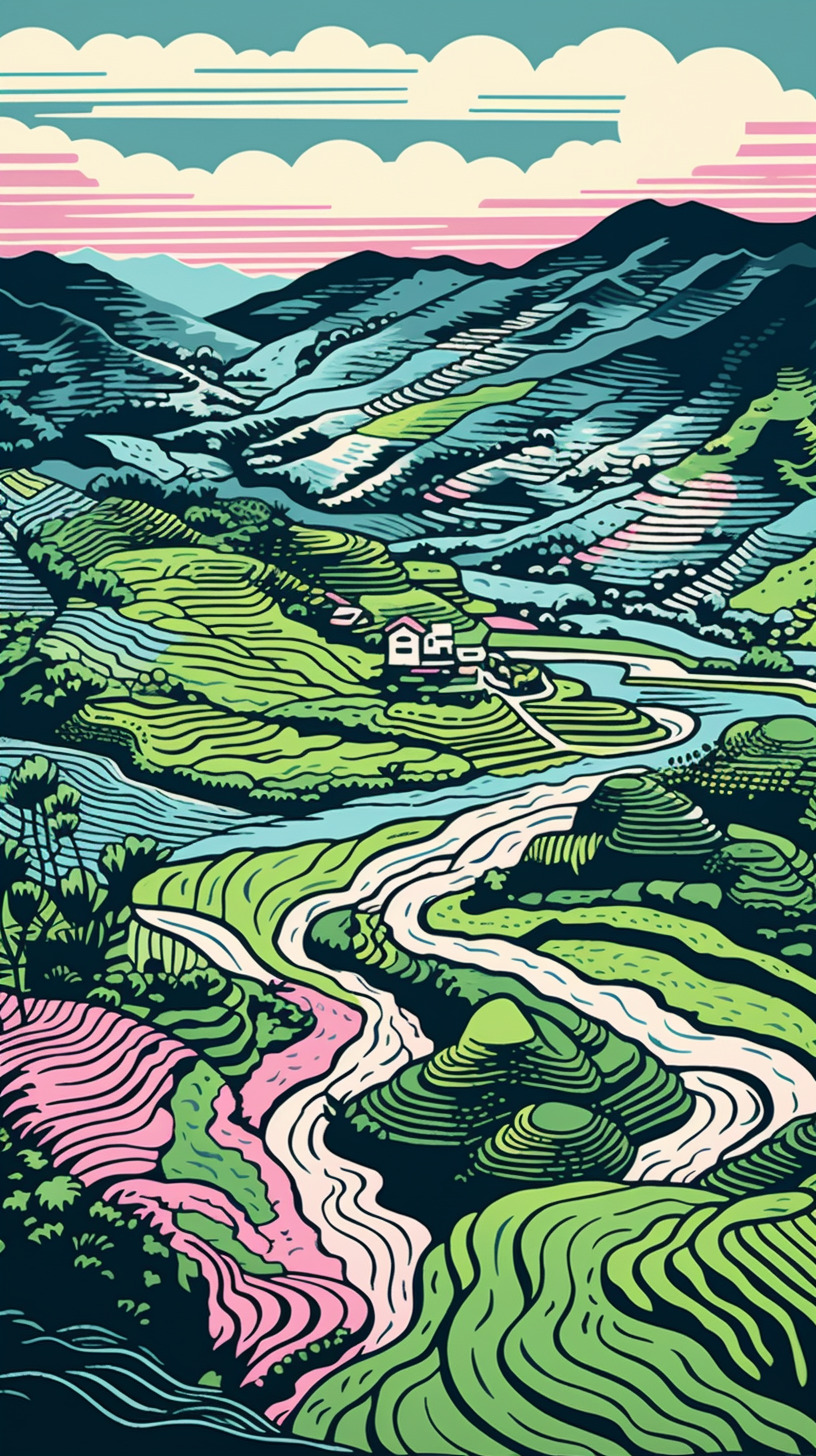 lino cut of rice terraces in vietnam on a postcard-豆友7775的文本出图-自由创作作品