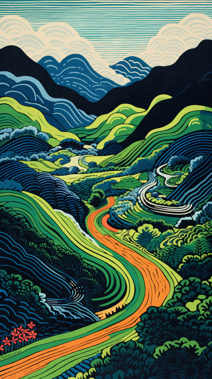 lino cut of rice terraces in vietnam on a postcard-豆友7775的Midjourney作品 ...