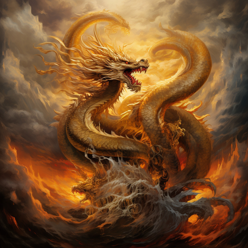 我手持金色神链栓着并驾驭9条黄金神龙飞天而上，目看右方，气势恢宏，云层叠嶂，雄伟有气势-豆友rcgU的文本出图-自由创作作品