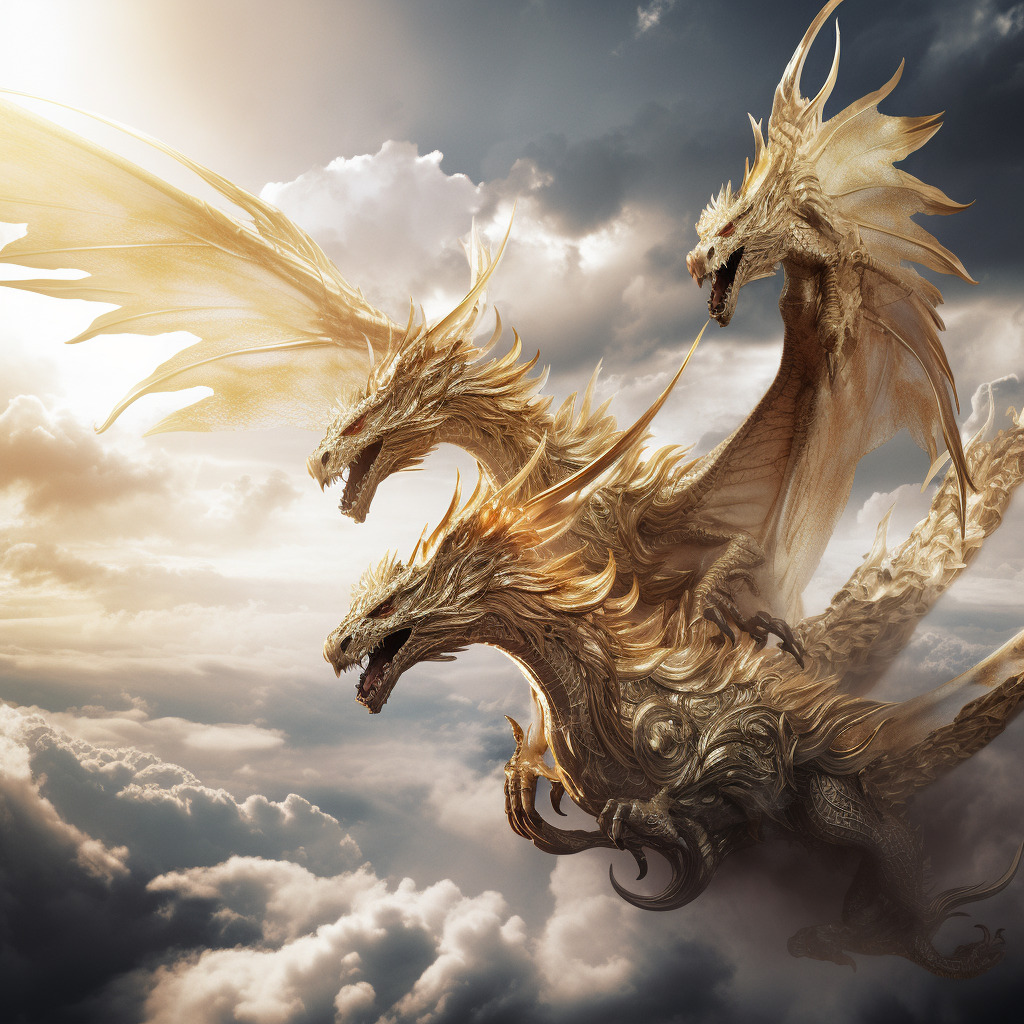 我一个人驾驭两条黄金神龙飞天而上，目看右方，气势恢宏，云层叠嶂，雄伟有气势，霸气无比-豆友rcgU的文本出图-自由创作作品