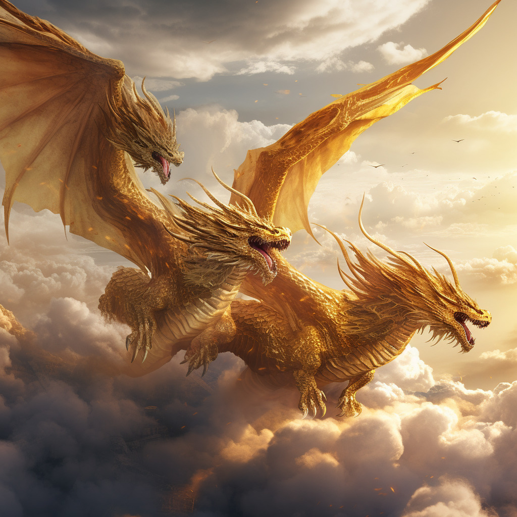 我一个人驾驭两条黄金神龙飞天而上，目看右方，气势恢宏，云层叠嶂，雄伟有气势，霸气无比-豆友rcgU的文本出图-自由创作作品