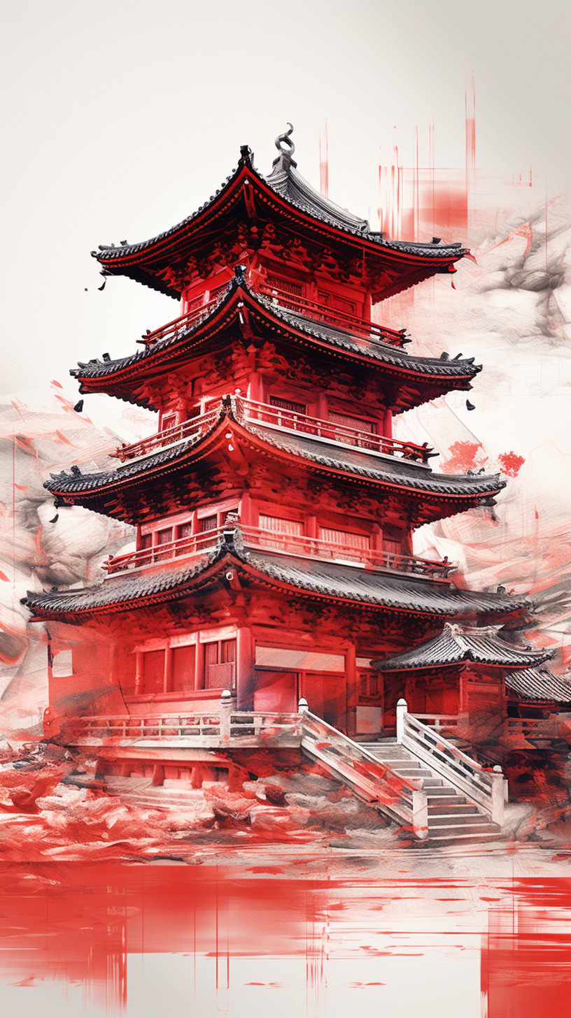 red chinese building on paper and colored brush, i-豆友KFgo的文本出图-自由创作作品