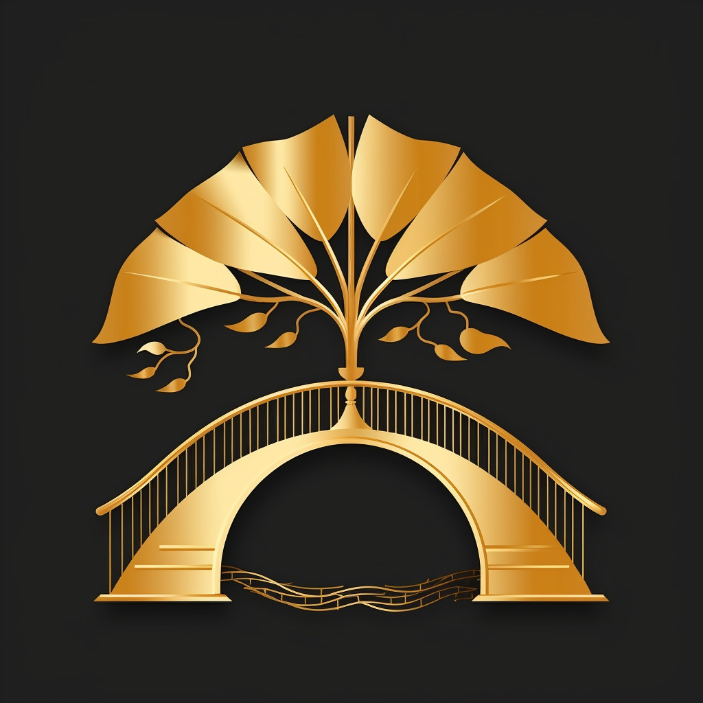 饭店logo， 金色，简单 矢量图形，正视角， 银杏叶和古桥的结合，古桥下面有小湖-豆友FJfk的文本出图-自由创作作品