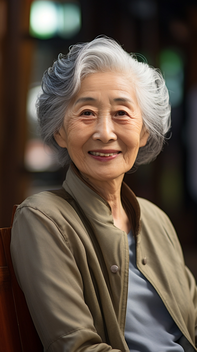 一个慈祥的老奶奶，100岁，女人，中国人，银色头发，坐着凳子上，半身照，正面闭嘴微笑背景是中式大厅 豆友6911的文本出图 自由创作作品 4625