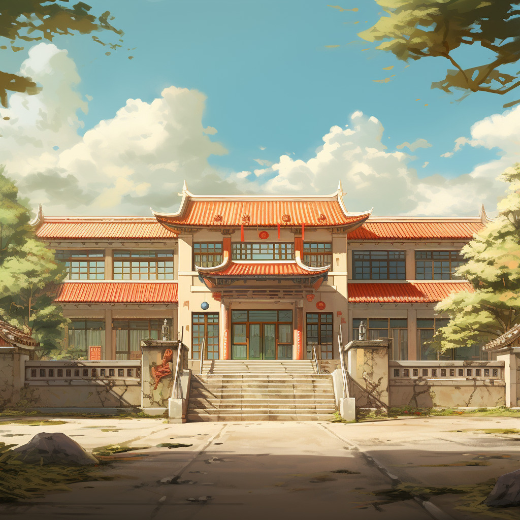 老旧学堂，牌匾写着“番禺县官立北关模范小学堂”，天空阴云密布-豆友HhKo的文本出图-自由创作作品