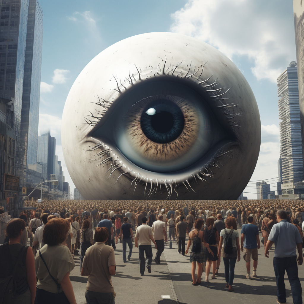 如同地球一样巨大的眼球以上帝的视角俯瞰地面上的建筑和人群，请以地面上人群在城市中的视角来制作画面-豆友0930的文本出图-Midjourney模型作品