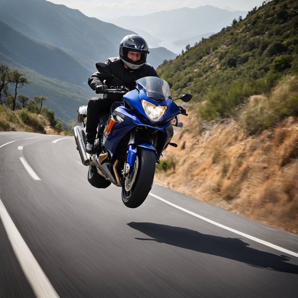 带着头盔的男人在S山道上骑国产巡航摩托车转弯时摔倒，男人抱头滑行自救-豆友NljM的文本出图-模板创作作品