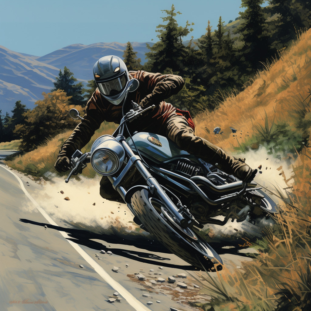 带着头盔的男人在S山道上骑国产巡航摩托车转弯时摔倒，男人抱头滑行自救-豆友NljM的文本出图-自由创作作品