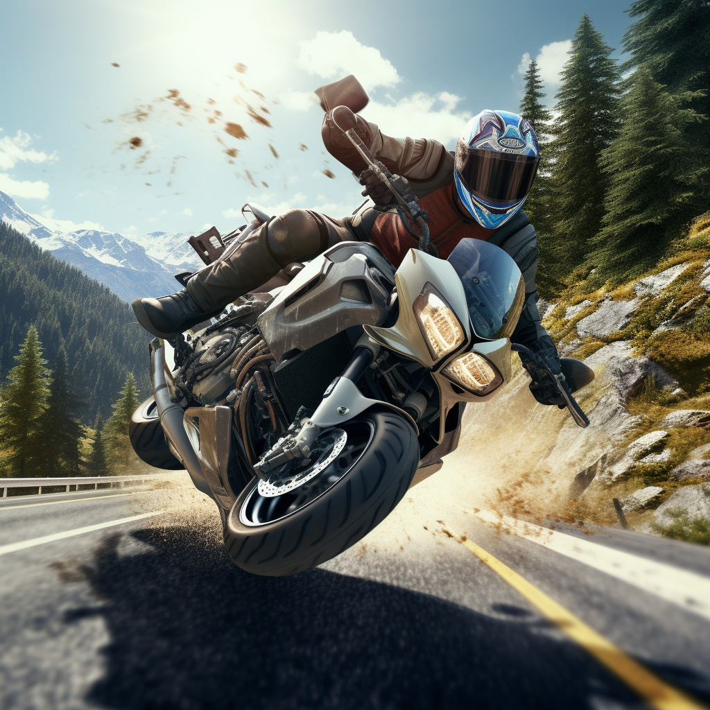 带着头盔的男人在S山道上骑国产巡航摩托车转弯时摔倒，男人抱头滑行自救-豆友NljM的文本出图-自由创作作品