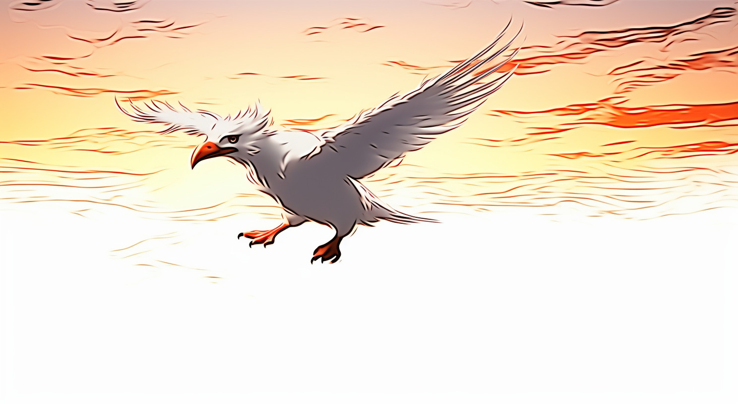 精卫鸟，白嘴，红爪，在海面飞翔，天空出现彩色的云，太阳当空-豆友mbWw的文本出图-自由创作作品