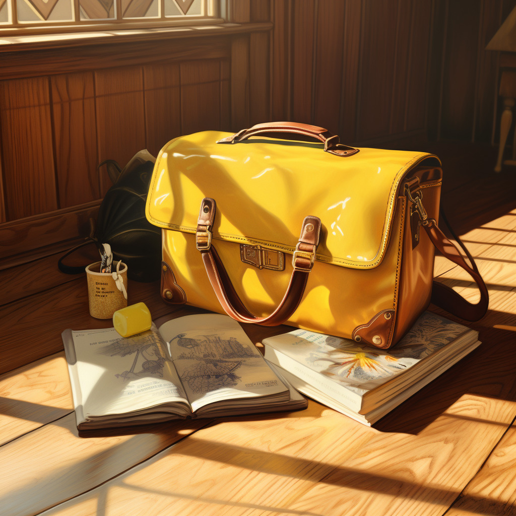 在阳光下一个黄色书包被放在木制的书桌上-豆友zMpw的文本出图-自由创作作品