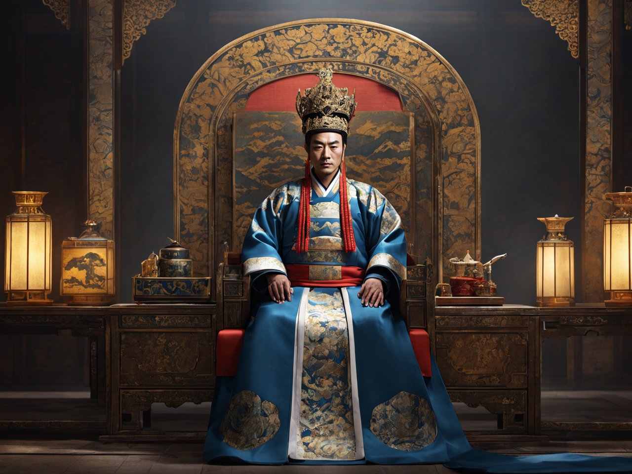 秦始皇在宫中，威风凛不可犯，穿着皇冠皇袍，-豆友BHOA的文本出图-模板创作作品