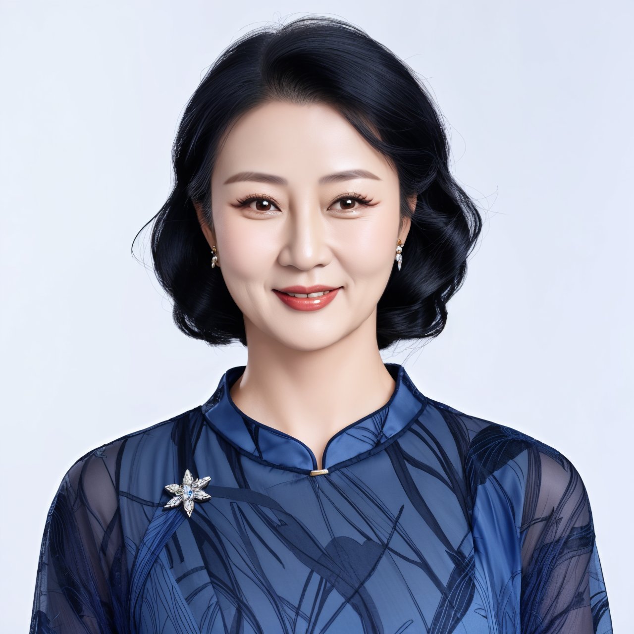 中年女性，亚洲人，40岁左右，微笑，穿宝蓝色旗袍，戴耳环，黑色，卷发-豆友jfRU的以图出图作品