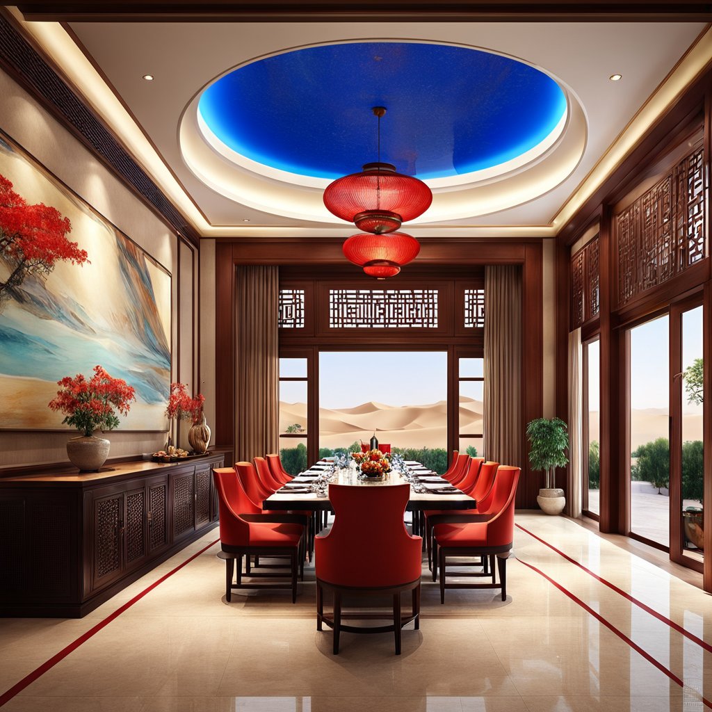 敦煌餐厅效果图，充满浓厚的敦煌历史文化氛围，高档餐厅，落地窗包间，现代风格，窗外是沙漠绿洲，体验感很-豆友cyiI的文本出图-自定义创作作品