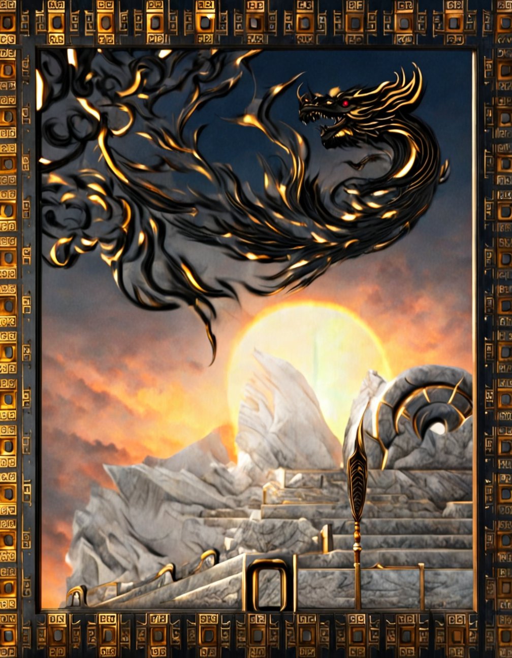 云中露出神龙的尾巴，神龙的尾巴环绕着太阳，地面上是卫兵和玄武-豆友ItYw的以图出图-线稿渲染作品