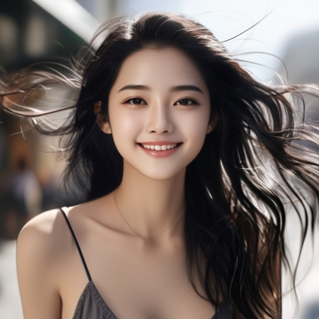 1个女孩,单人,长发,黑发,微笑,面向观众,牙齿,写实的,棕色眼睛,咧嘴笑,阳光,嘴唇,风,锁骨,全-豆友k18g的以图出图-通用模式作品