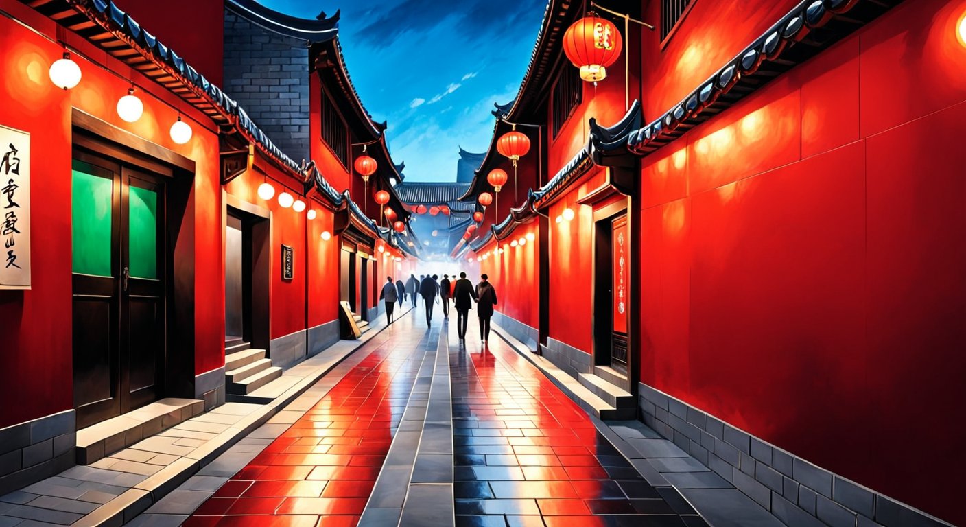 民国背景，北京胡同。红墙黑瓦，灰石砖地。胡同里热闹非凡，人来人往。不仅有买美食的摊子，还有表演戏曲节-豆友bgDI的文本出图-自定义创作作品
