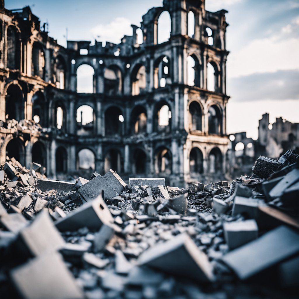 现代战争，城市废墟上-豆友8j9g的文本出图作品-豆绘AI - 专业且免费的在线AI绘图设计平台，轻松创作无限可能