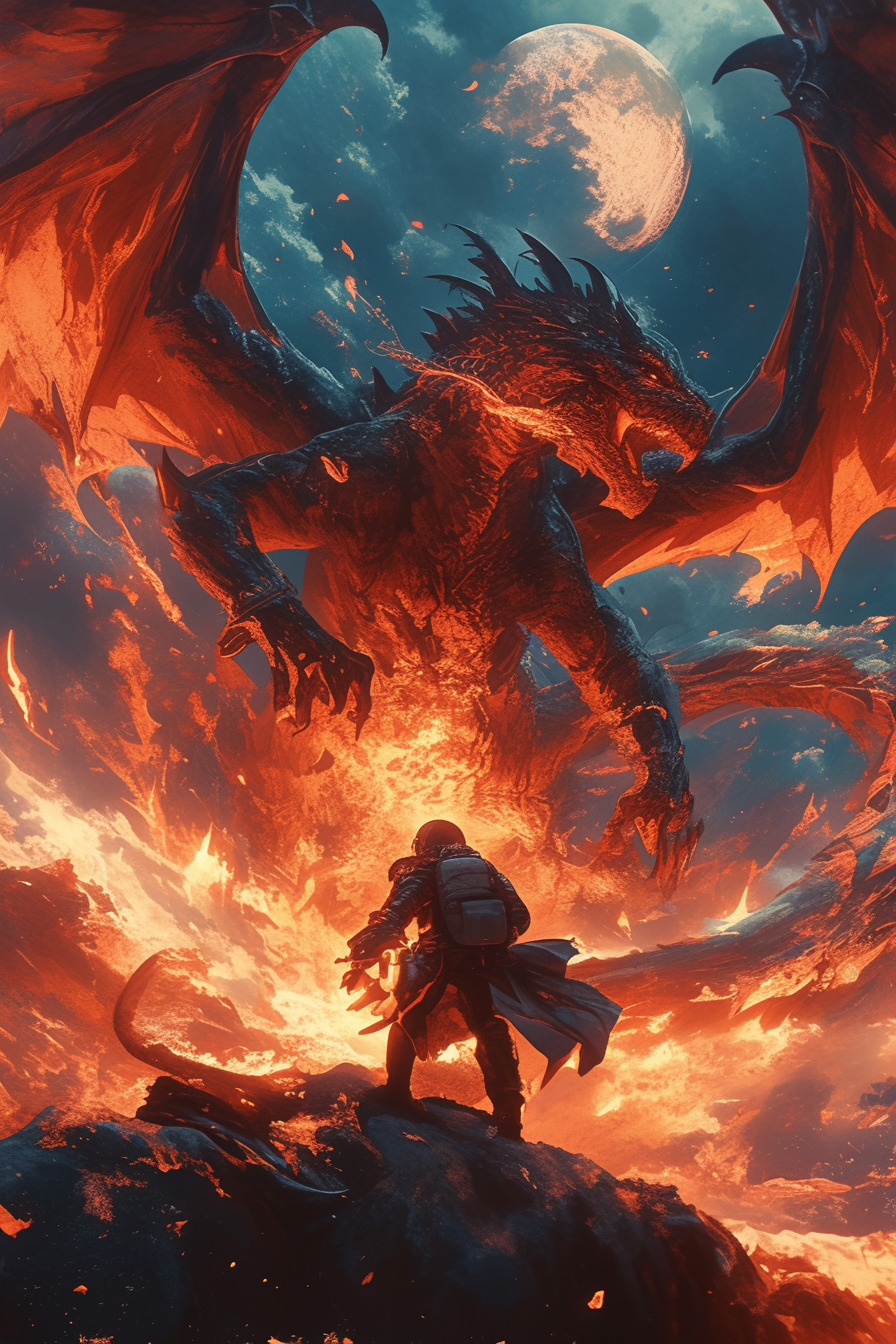 视觉冲击力，插画风格，广角，微摄影，夜空，宇航员骑着一条火焰形成的龙，高细节，高质量-豆友5703的文本出图-Midjourney模型作品