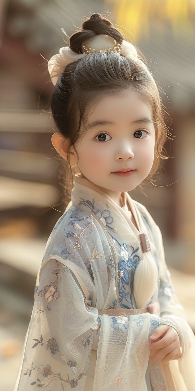 可爱的中国小女孩，3岁小女孩，可爱的相貌，胖嘟嘟的可爱，头顶双抓髻，淡淡的微笑，短袖，胸前背带裤，(-花思雨的文本出图-Midjourney模型作品