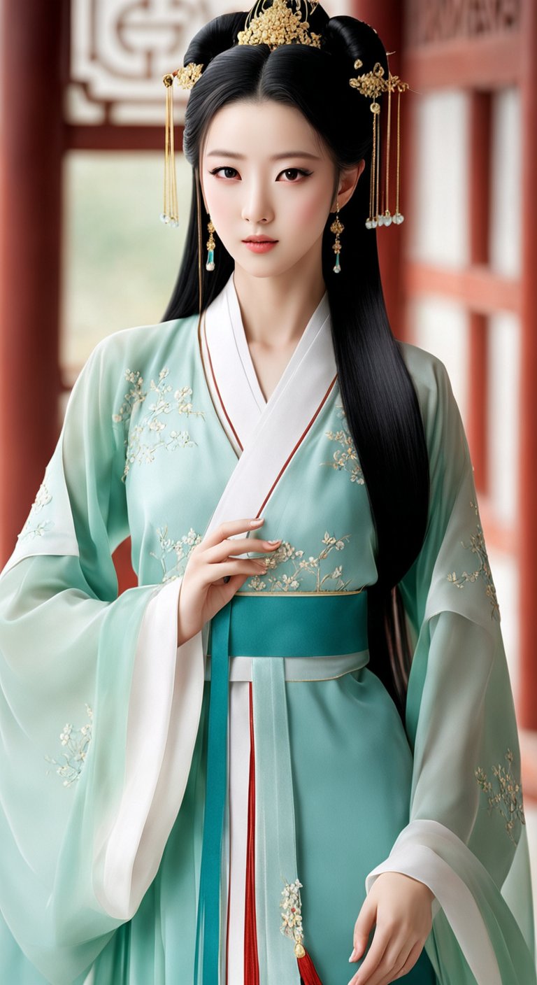 性别：女；年龄：20岁左右；场景：在宫庭大殿；穿着：古代宫庭皇后服装；其它：中国古代美女之一的晋朝的-豆友m1FQ的文本出图-自定义创作作品