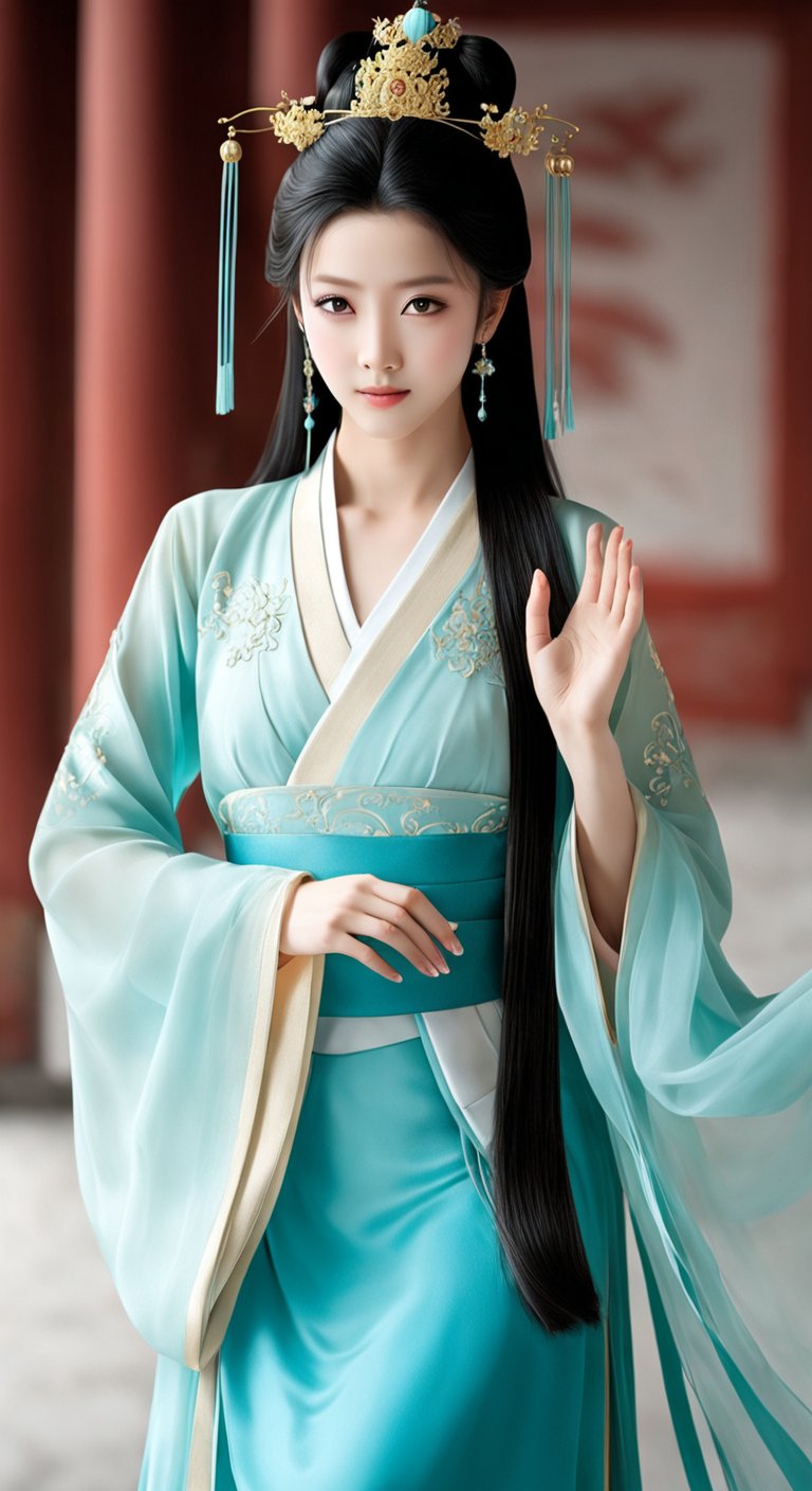 性别：女；年龄：20岁左右；场景：在宫庭大殿；穿着：古代宫庭皇后服装；其它：中国古代美女之一的晋朝的-豆友m1FQ的文本出图-自定义创作作品