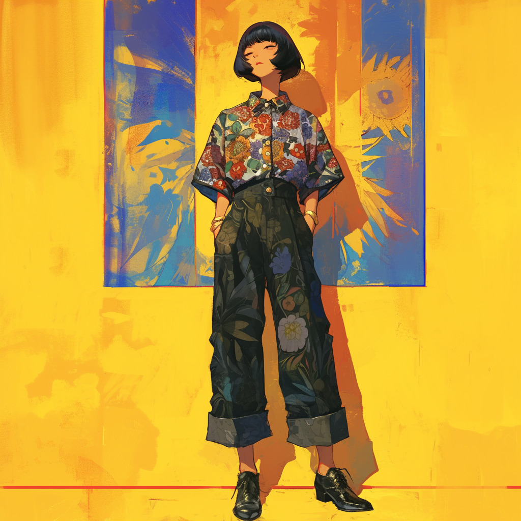 美国画家Norman Rockwell风格，东方女孩，短发，花衬衫，阔腿5分裤，皮鞋，脚踝，站立，室-Erni的文本出图-Midjourney模型作品