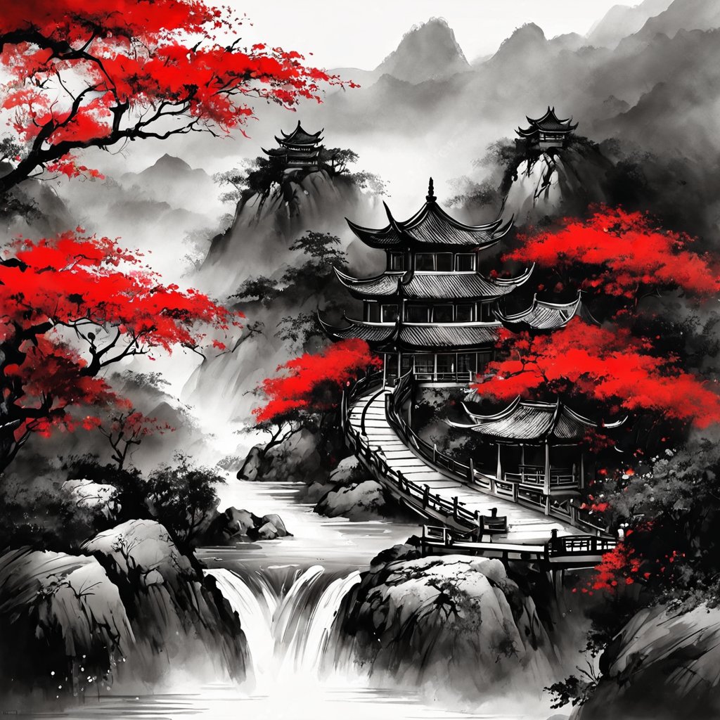 国风水墨风景画，黑红相映-豆友M9hc的文本出图-自定义创作作品