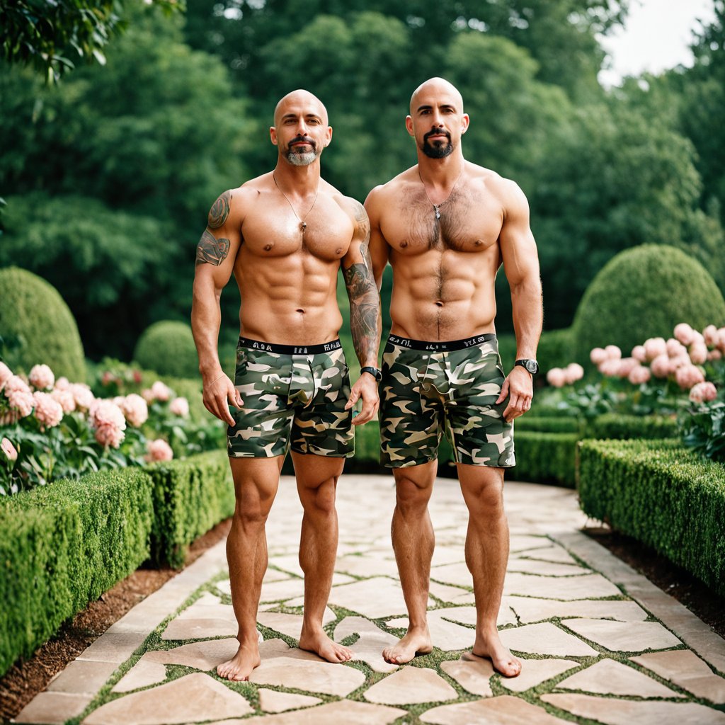 光头男，美国人，全身照，腹肌，山羊胡，有纹身，有胸毛，有腿毛，健身迷彩纯棉三角内裤，光脚，两个人，站-豆友8074的文本出图-自定义创作作品