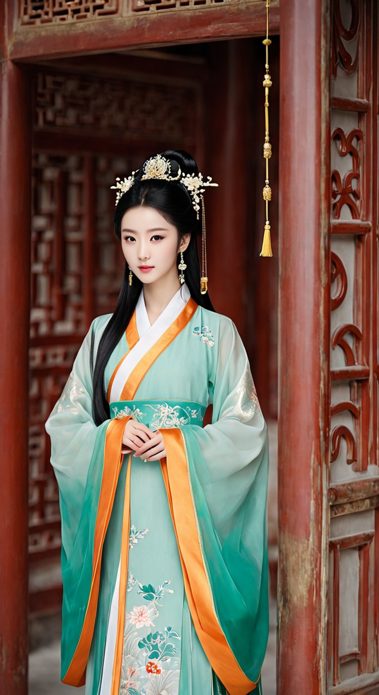 性别：女；年龄：20岁左右；场景：在宫庭大殿；穿着：古代宫庭皇后服装；其它：中国古代美女之一的南北朝-豆友m1FQ的文本出图-自定义创作作品