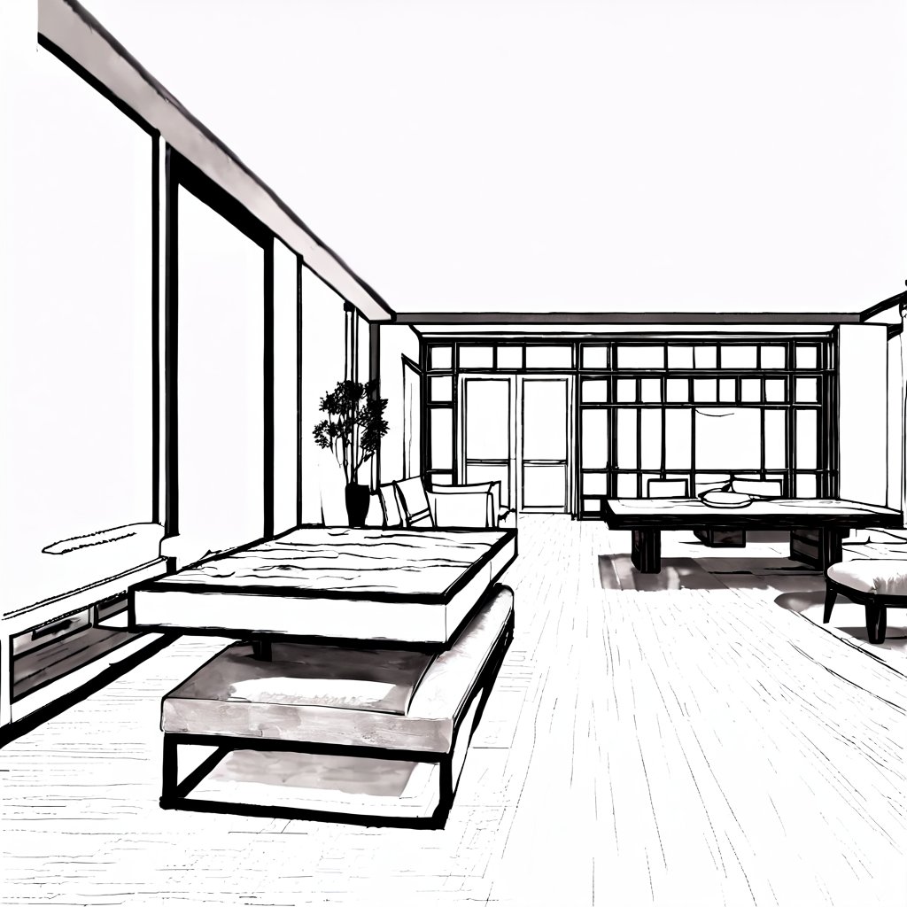 乳胶漆、金砖、实木，罗汉床、条案、休闲椅、茶桌、茶椅圆餐桌、餐椅、餐边柜，水墨艺术画-豆友jLcQ的文本出图-自定义创作作品