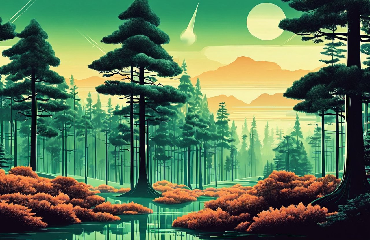 繁茂的松树林，树影交错，云雾缭绕，树间有小溪流过-豆友r51o的文本出图-自定义创作作品