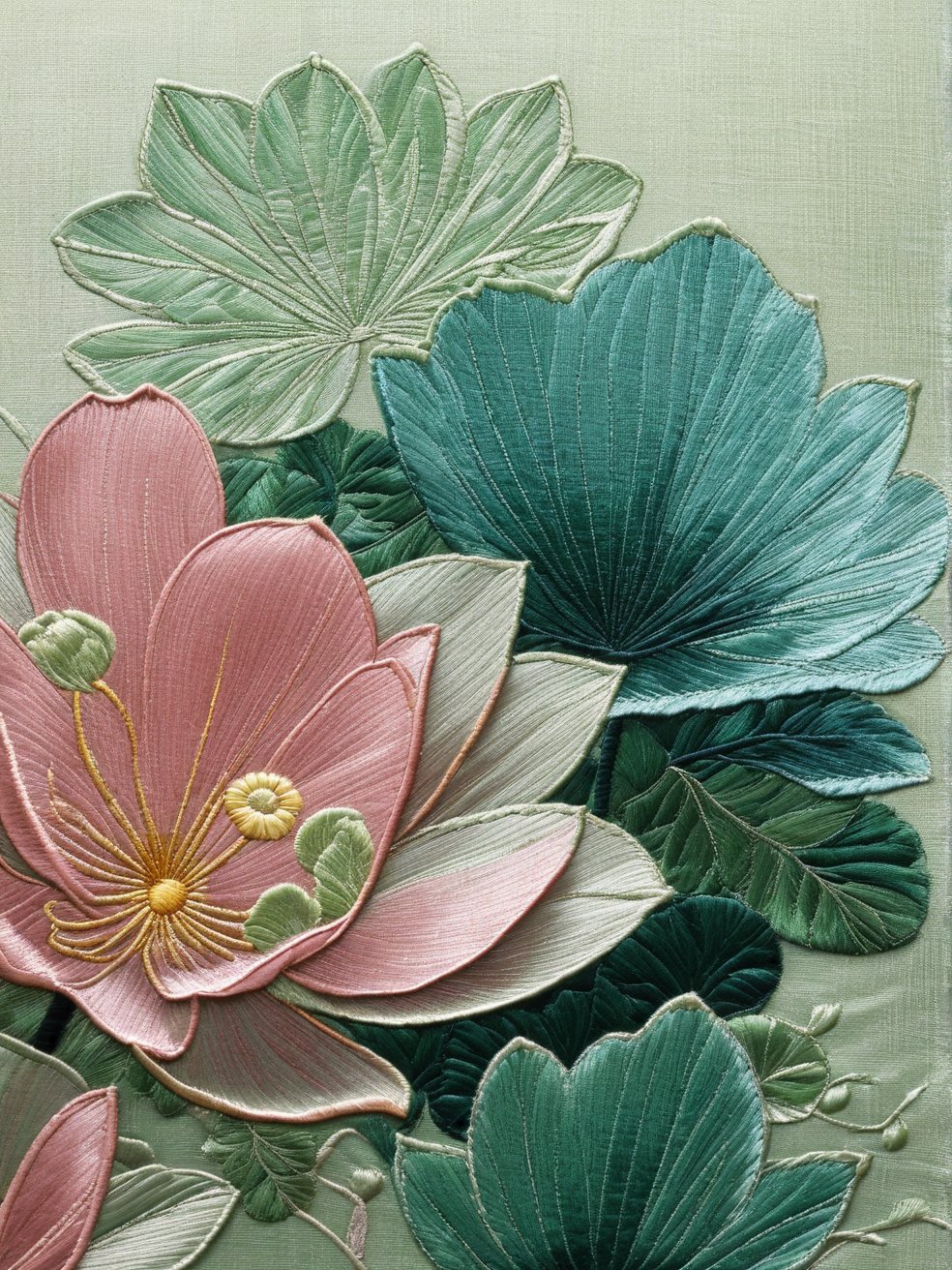 荷花,绿色荷叶，传统媒体,静物.刺绣工艺-豆友nobM的以图出图-通用模式作品