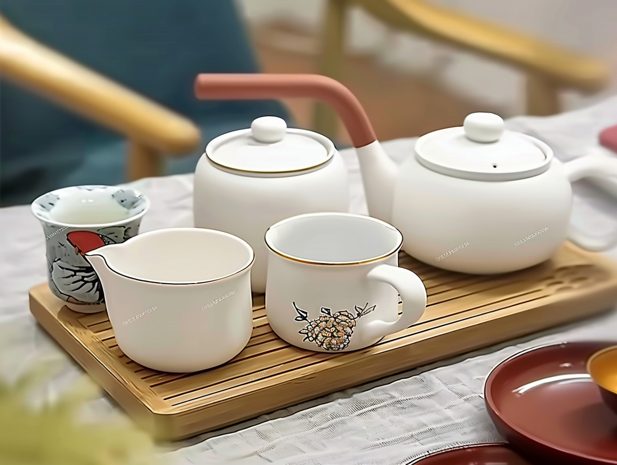 现代时尚工业异造型双侧防烫木垫的陶瓷色釉快客茶器小套组，有盖子，中国国潮花蝴蝶鲤鱼画花纸，金色线构花-豆友fTI4的文本出图 ...