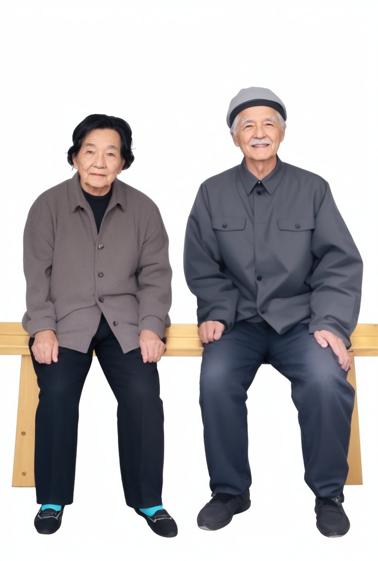 老的，年老的，老年人，皱皱巴巴的皮肤，灰白毛发，裤子,面向观众,1男性角色,1女性角色，夫妻,白色背-豆友vLWI的以图出图-图片美化作品