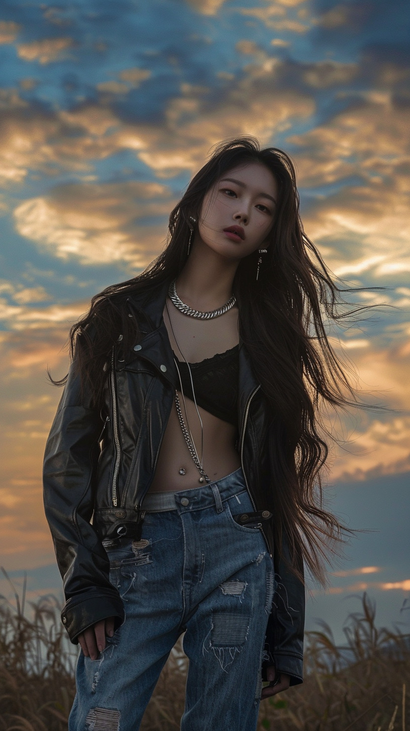 佳能1DX3,人像摄影,1个中国女孩,单人全身像,西部牛仔,牛仔裤,裤子,肚脐,夹克,黑色皮夹克,皮-豆友Spdo的文本出图-Midjourney模型作品