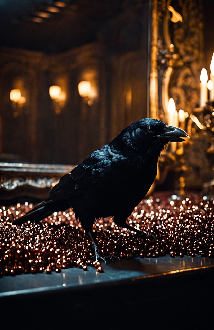 请制作一个电影院的活动现场，场地里面有镜子和乌鸦的装饰供大家打卡拍照，整个画面要以深色为止，营造悬疑-豆友s_EA的文本出图-自定义创作作品