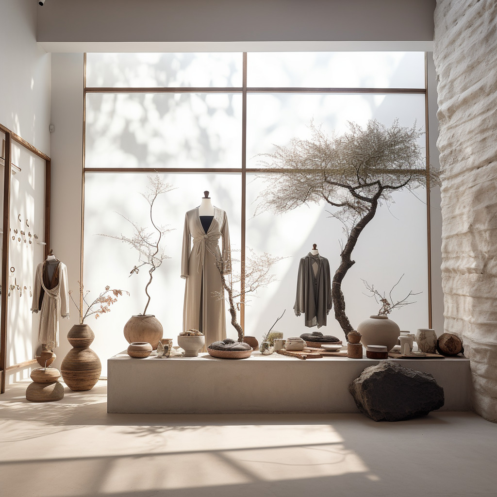 中式服装店铺，侘寂风，超大的空间，白墙，地上铺着纱子，白色小石子，天然奇特鹅卵石，干枝，陶器，绿植做-豆友ZtKY的文本出图 ...