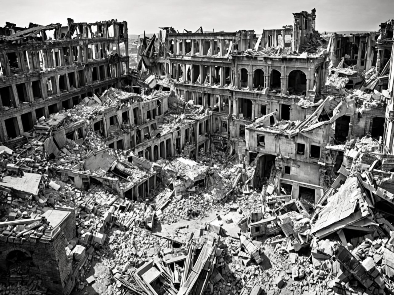 战争，废墟，灰色，一大片倒塌的楼房，横版-豆友JMjI的文本出图-自定义创作作品