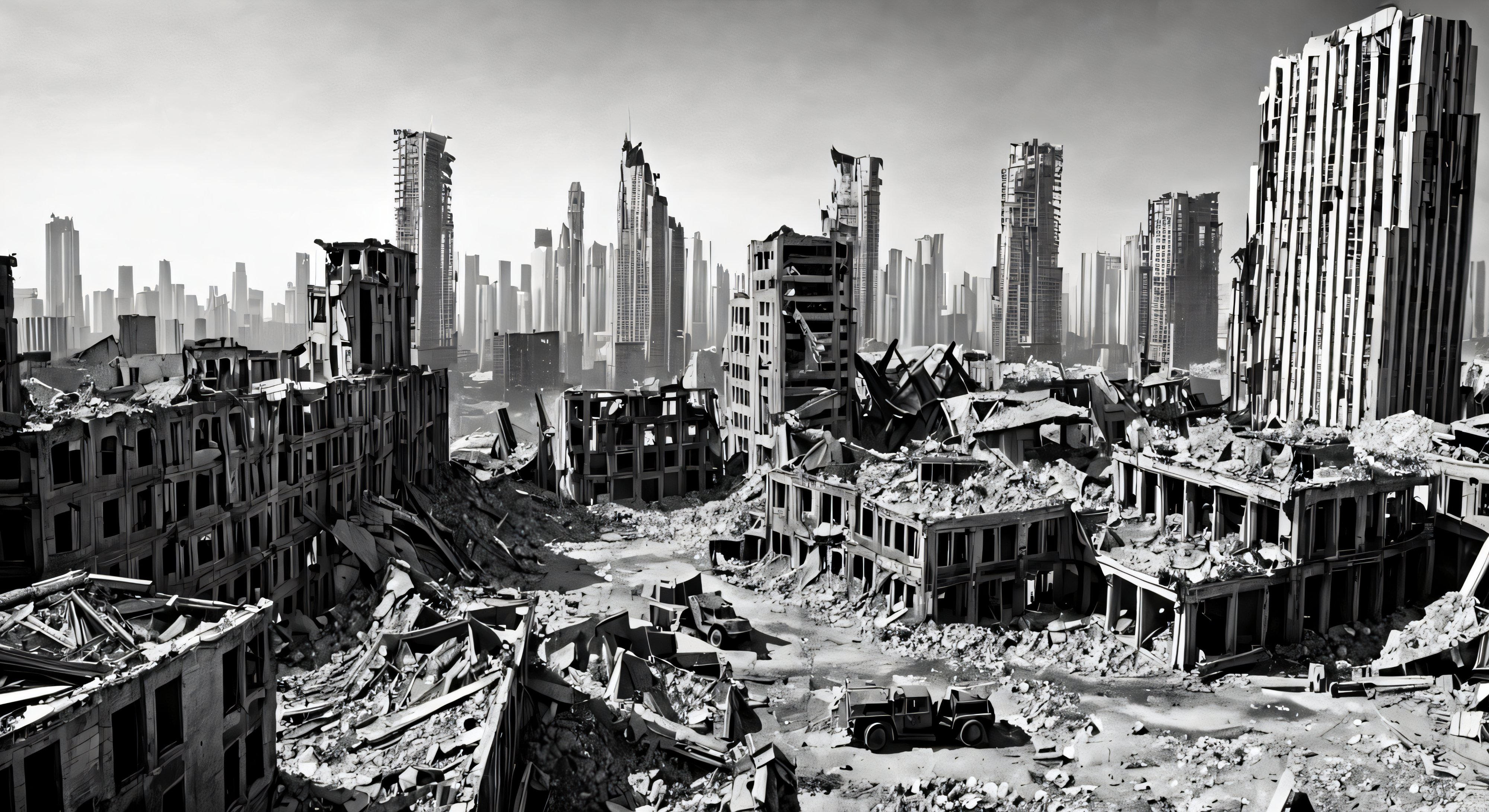 战争，废墟，灰色，一大片倒塌的楼房，摩天大厦，横版-豆友JMjI的文本出图-自定义创作 - 4K超清化作品