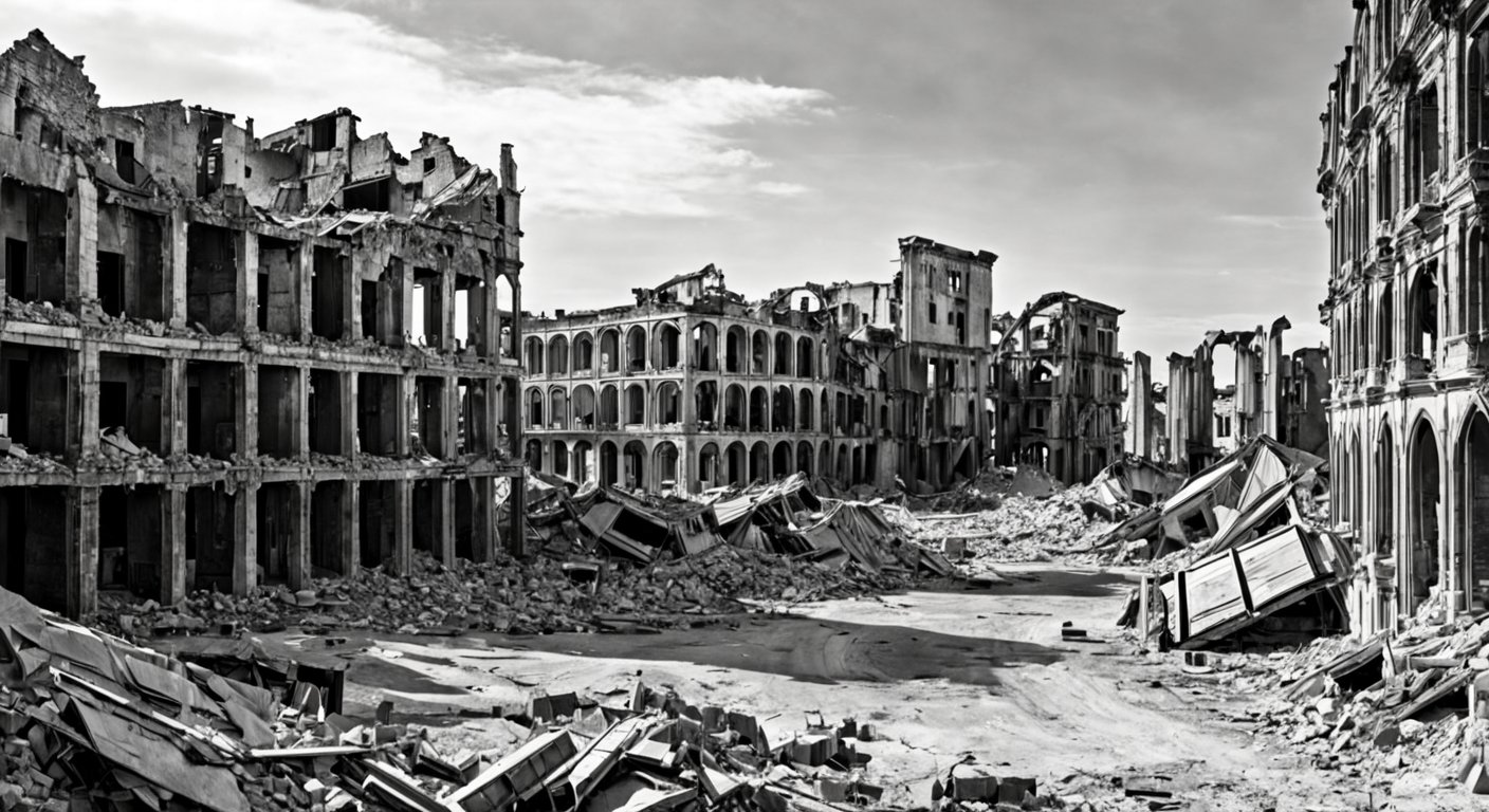 战争，废墟，灰色，一大片倒塌的楼房，城市，横版-豆友JMjI的文本出图-自定义创作作品