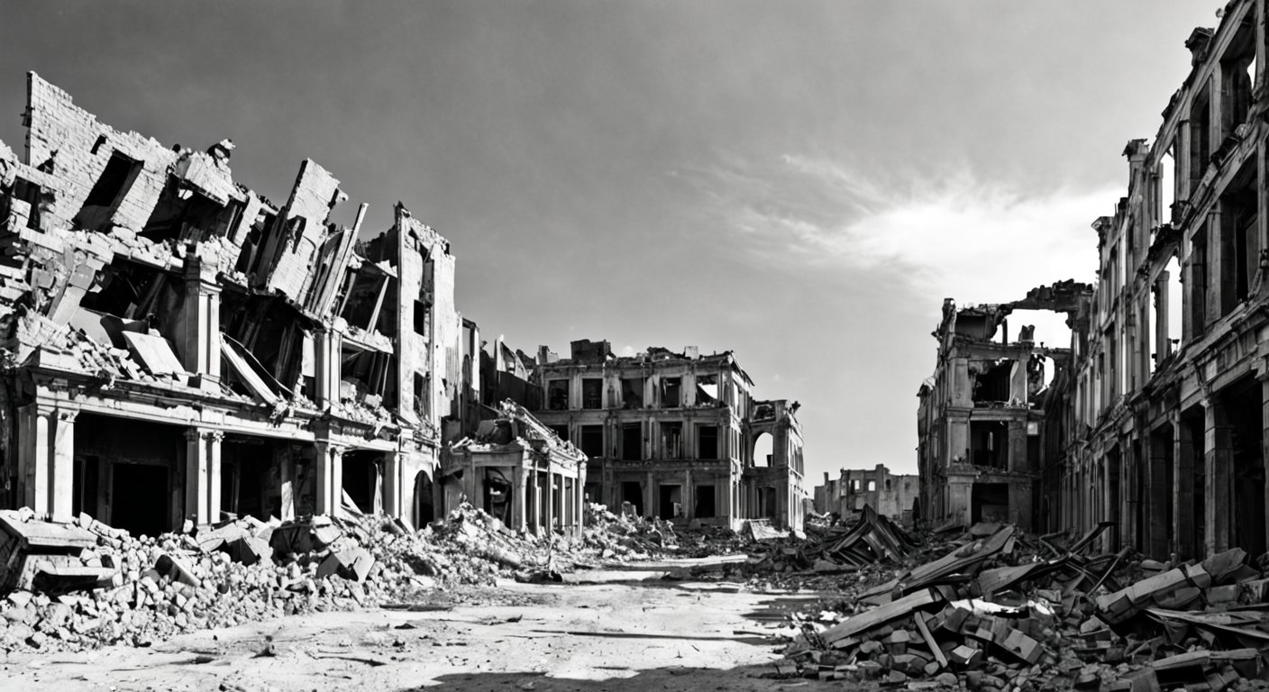 战争，废墟，灰色，一大片倒塌的楼房，城市，横版-豆友JMjI的文本出图-自定义创作作品