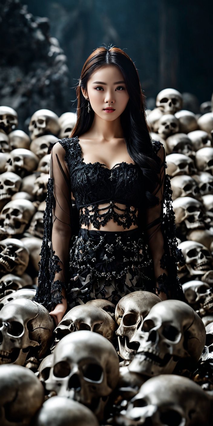 美女杨茜站在一堆骷髅头上。-豆友DWrk的文本出图-自定义创作作品