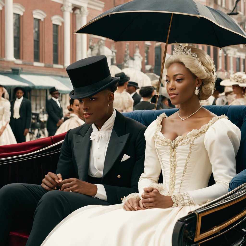 在美国的大街上，一位白人贵族女子和一个黑人工人坐在马车上聊着天，周围的人们对黑人抛出鄙夷的眼光。-豆友Lnlk的文本出图-自定义创作作品